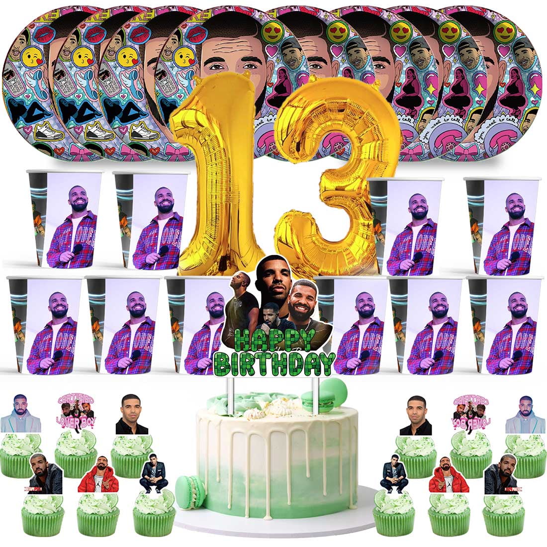 Drake Birthday 13th Cups Party Supplies Plates Fans Decorations Cake ...