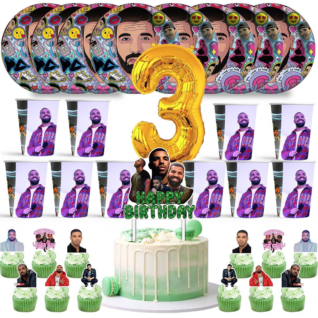 Drake Birthday 3rd Cups Party Supplies Plates Fans Decorations Cake ...