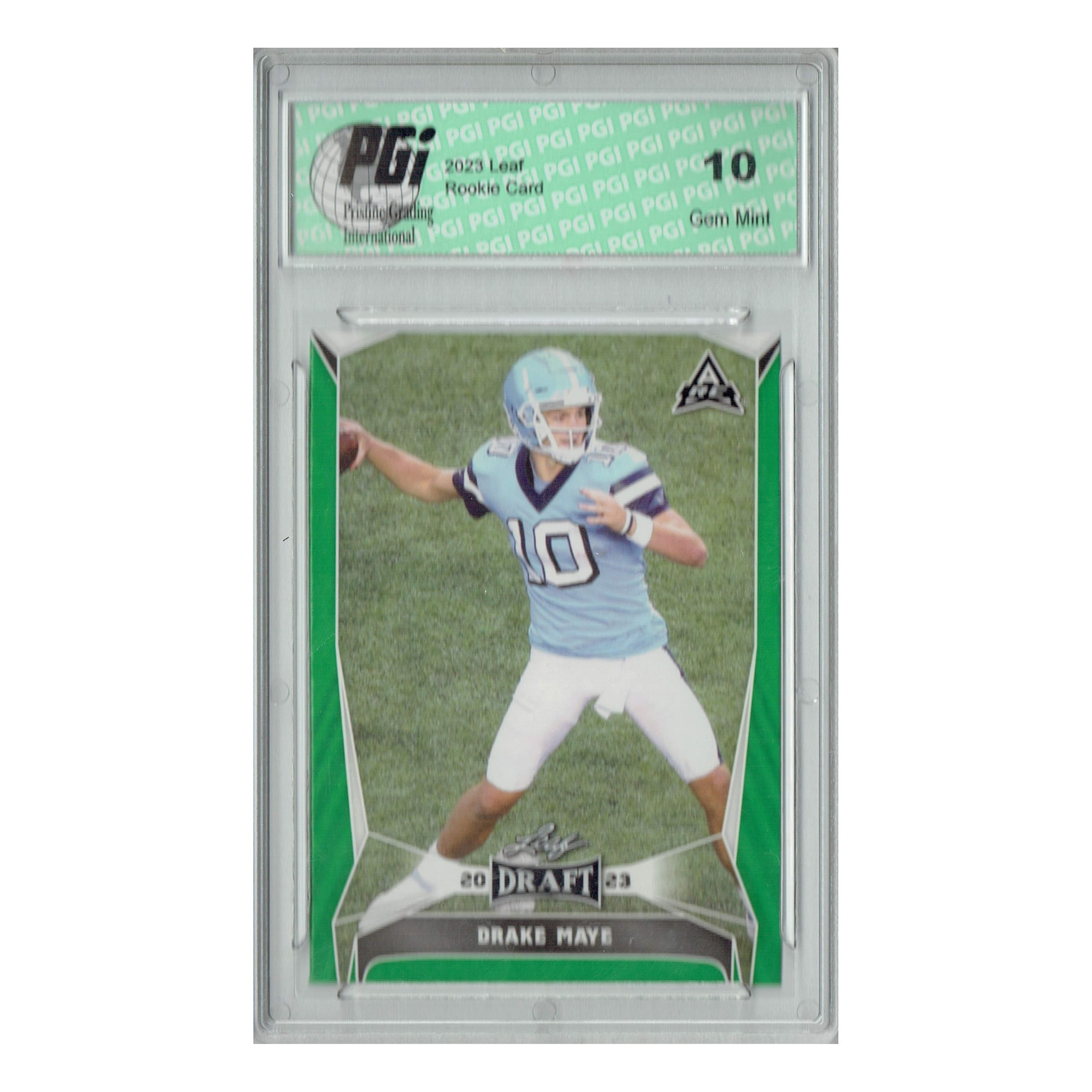 Drake Maye 2023 Leaf Football #34 Green SP Rookie Card PGI 10 Patriots ...