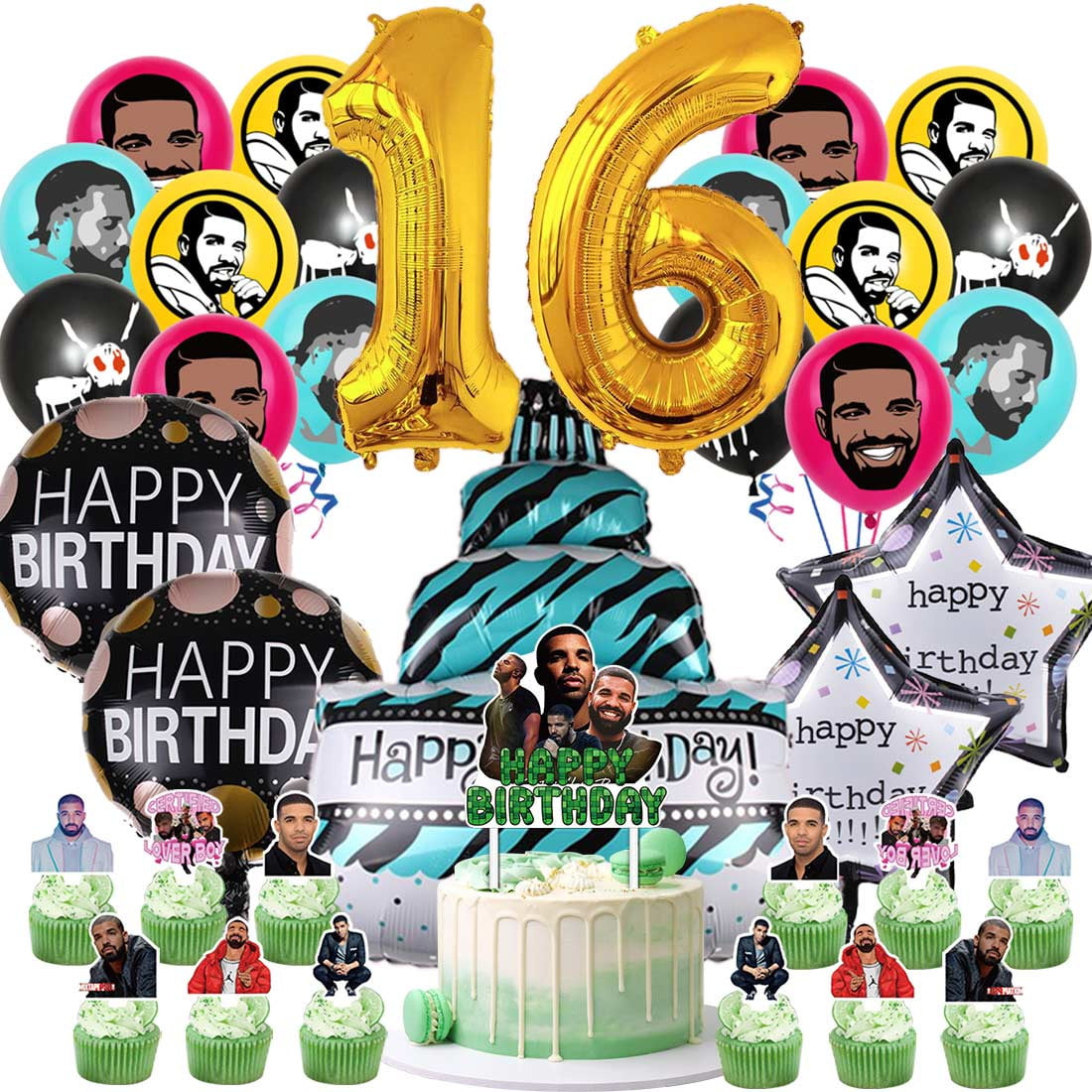 Drake Party Supplies 16th Decor Kit Balloons Birthday Cake Topper ...