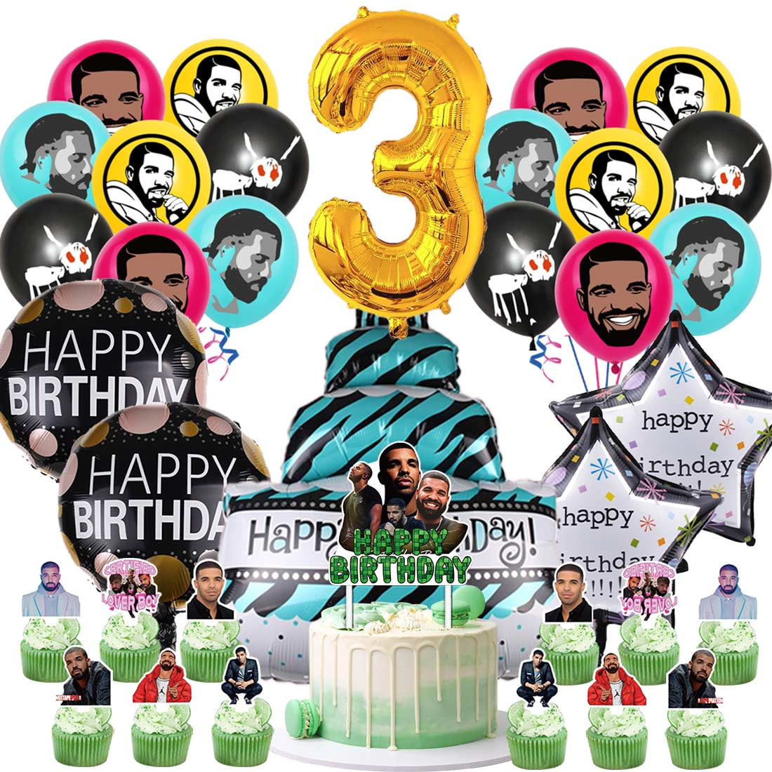 Drake Party Supplies 3rd Decor Kit Balloons Birthday Cake Topper ...
