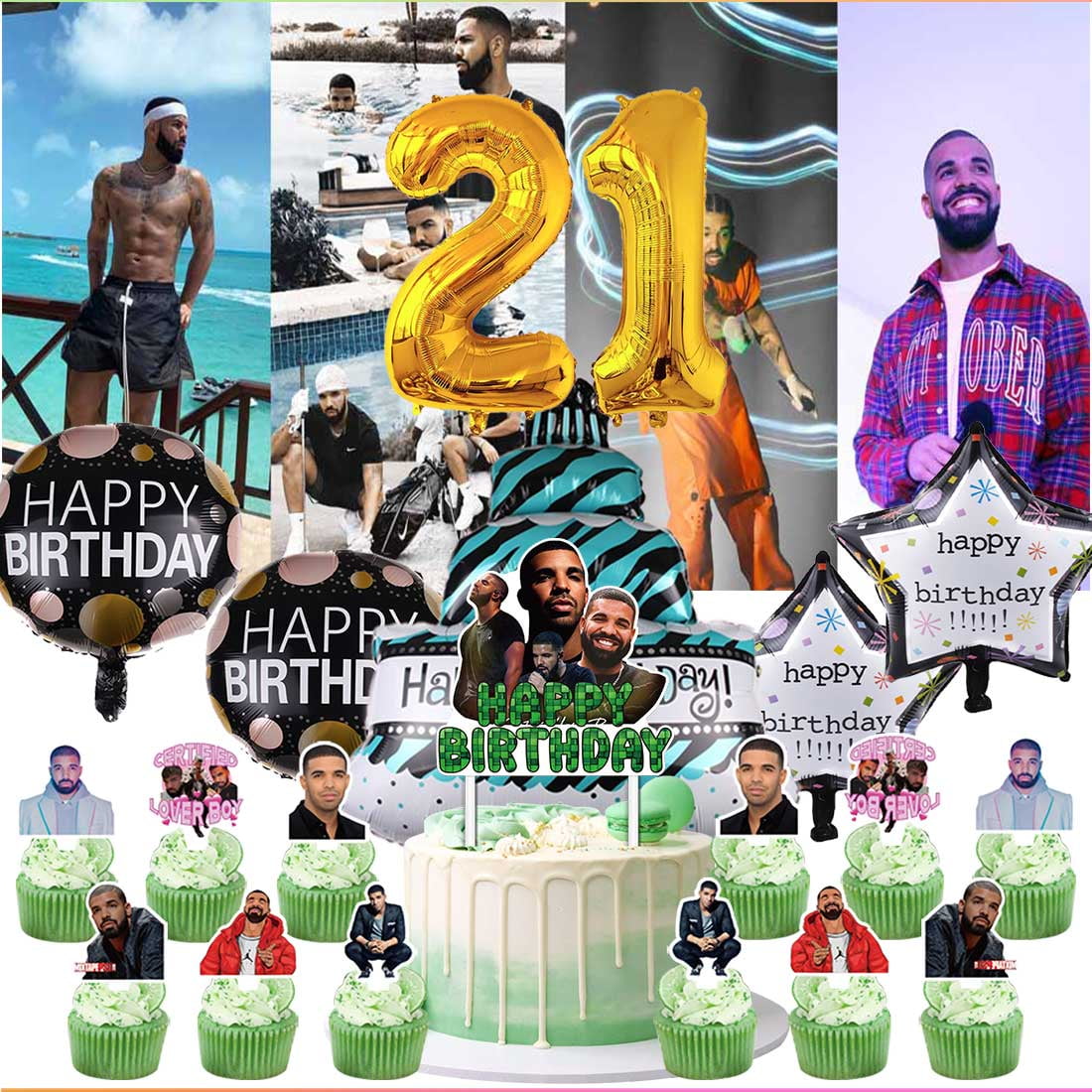 Drake Party Supplies Decor 21th Kit Balloons Birthday Cake Topper ...