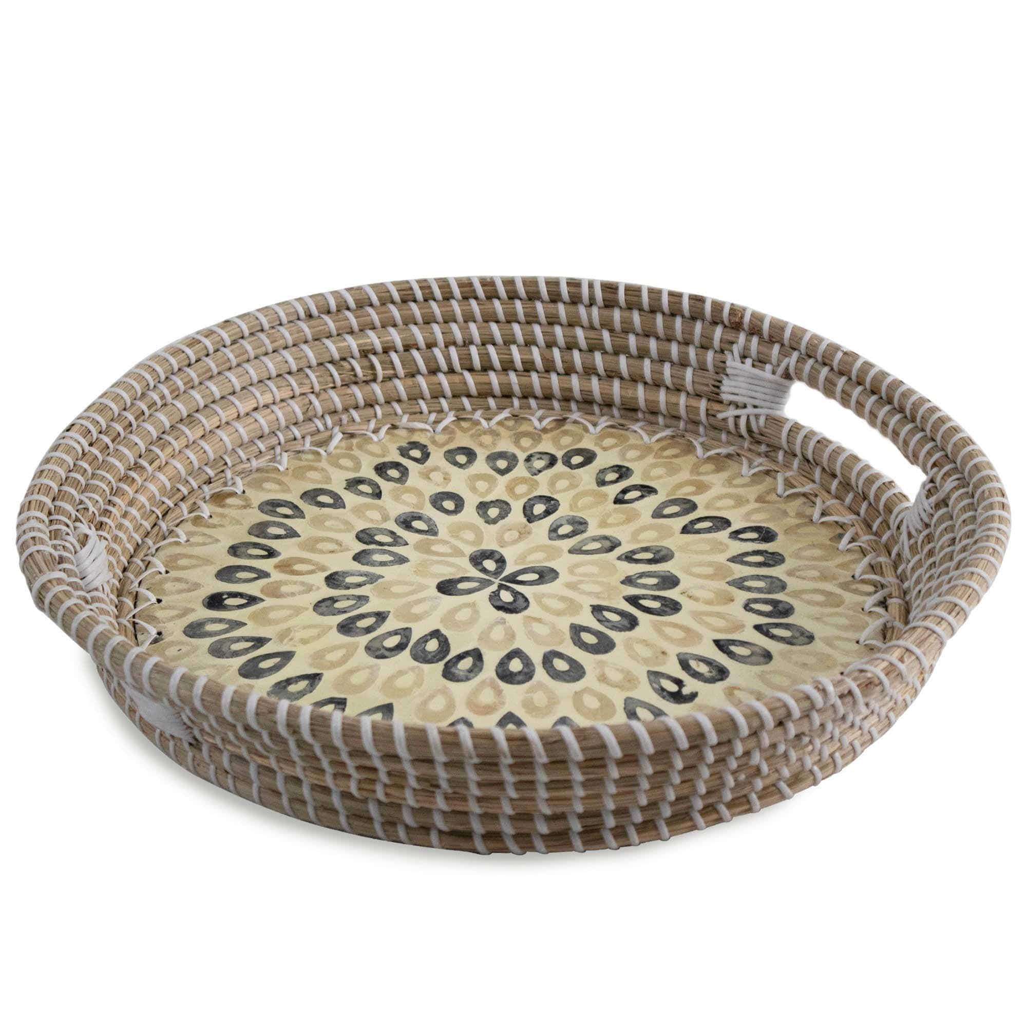 Draliance Mother of Pearl Tray w Seagrass Handles | Woven Serving Tray ...