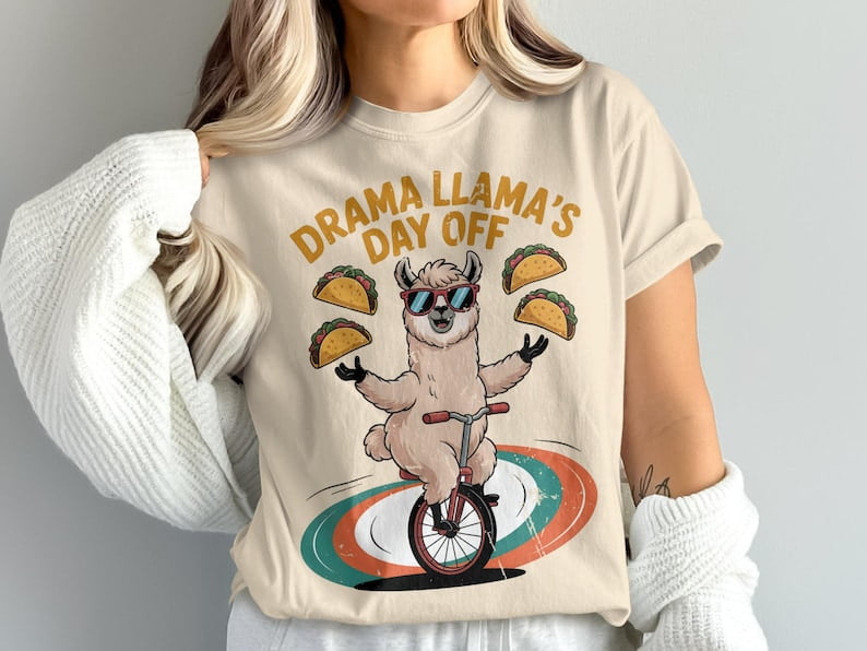 Drama Llama Day Off T-Shirt, Funny Animal Graphic Tee, Llama Riding ...