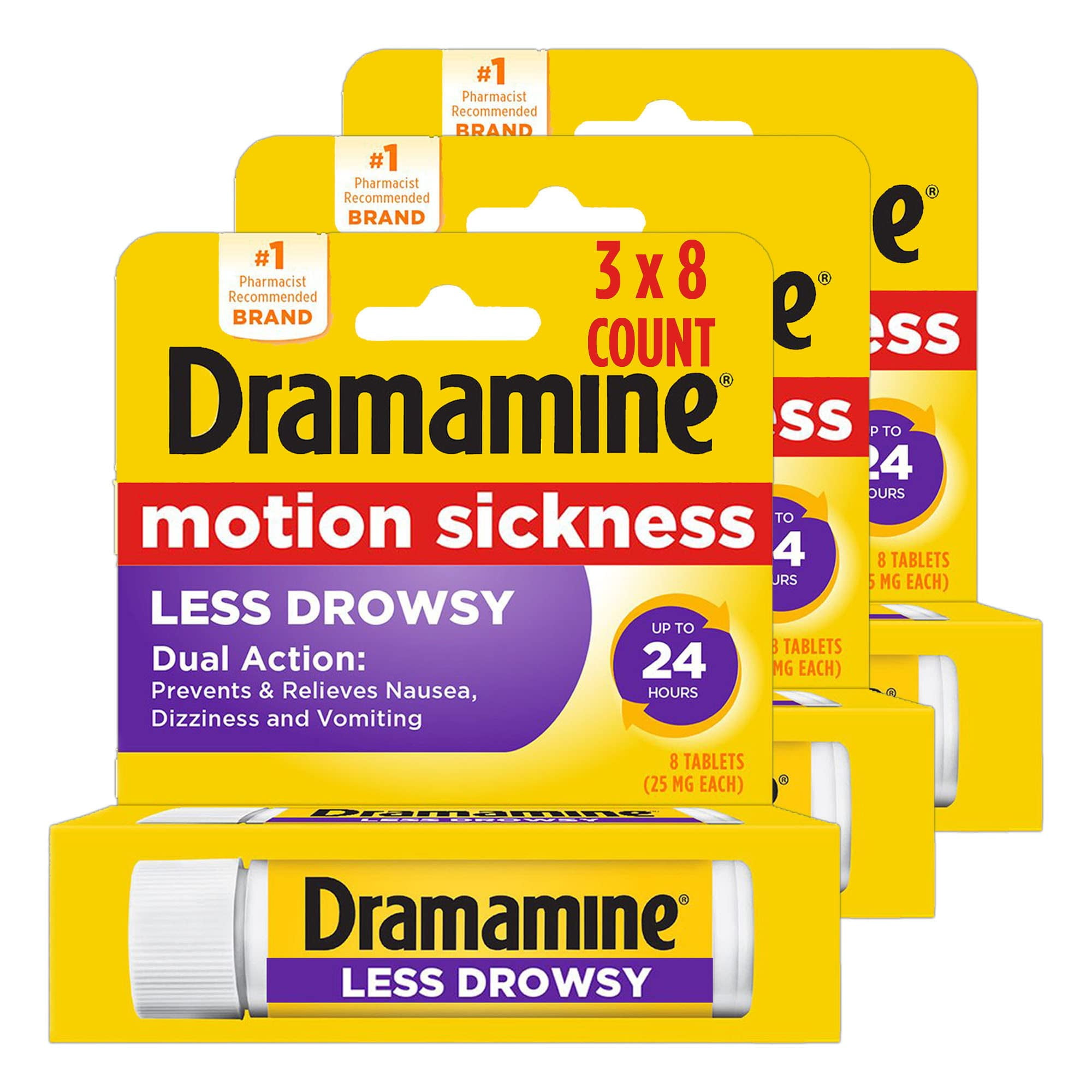 Dramamine All Day Less Drowsy, Motion Sickness Relief, 8 Count, 3 Pack ...