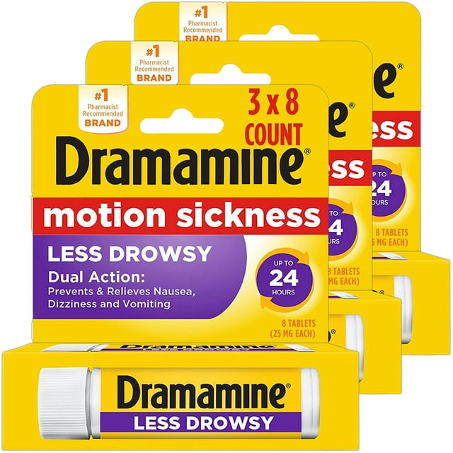 Dramamine All Day Less Drowsy Motion Sickness Relief, 25mg Meclizine, 8 ...