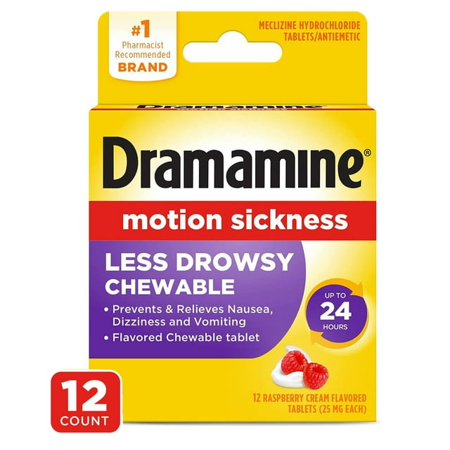 Dramamine Chewable Less Drowsy, Motion Sickness Relief, Raspberry Cream ...
