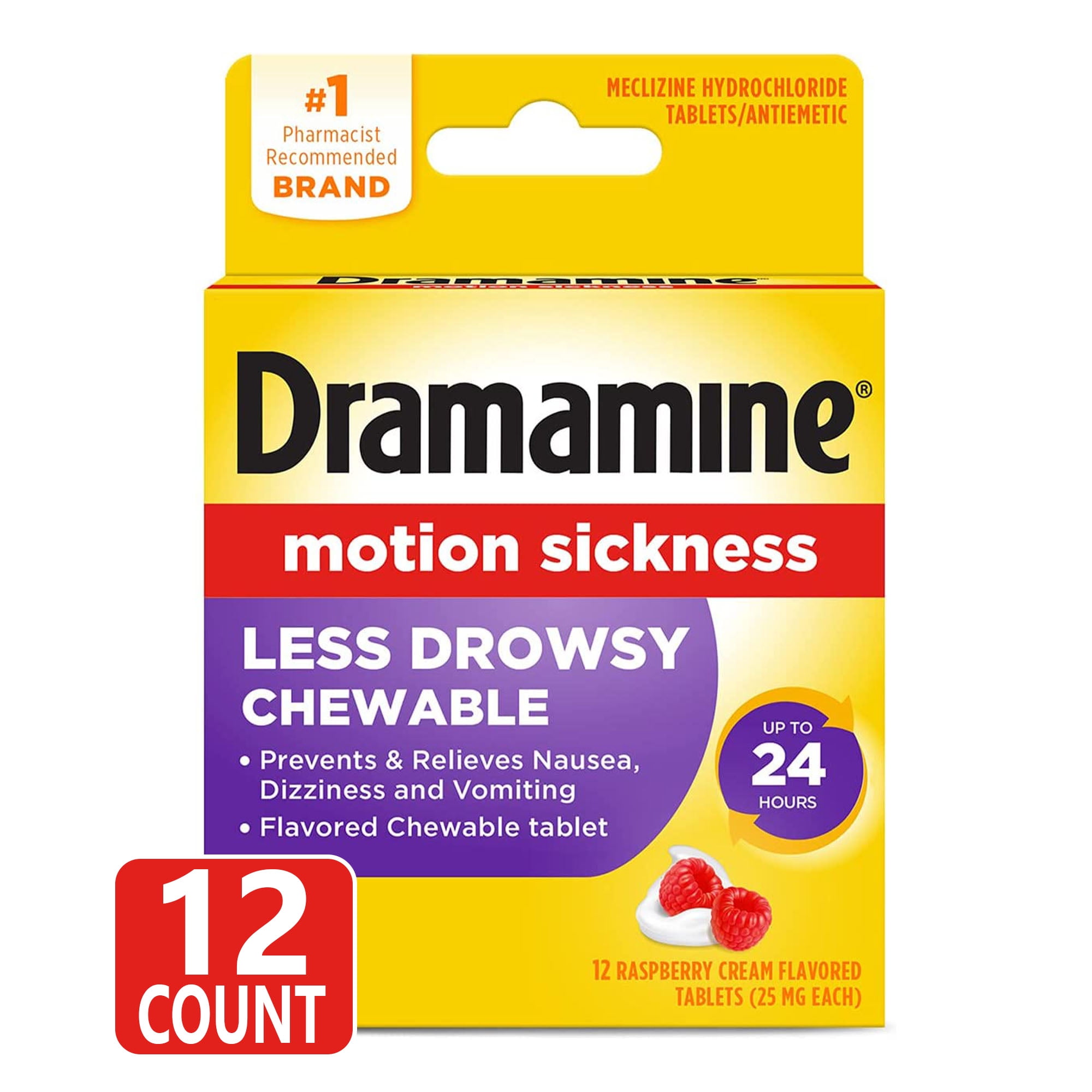 Dramamine Chewable Less Drowsy, Motion Sickness Relief, Raspberry Cream ...
