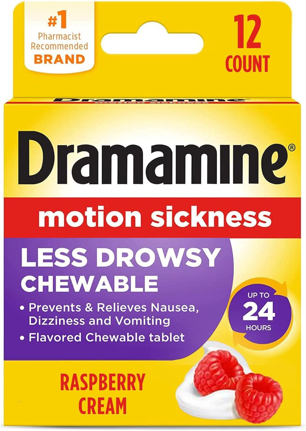 Dramamine Chewable Less Drowsy, Motion Sickness Relief, Raspberry Cream ...
