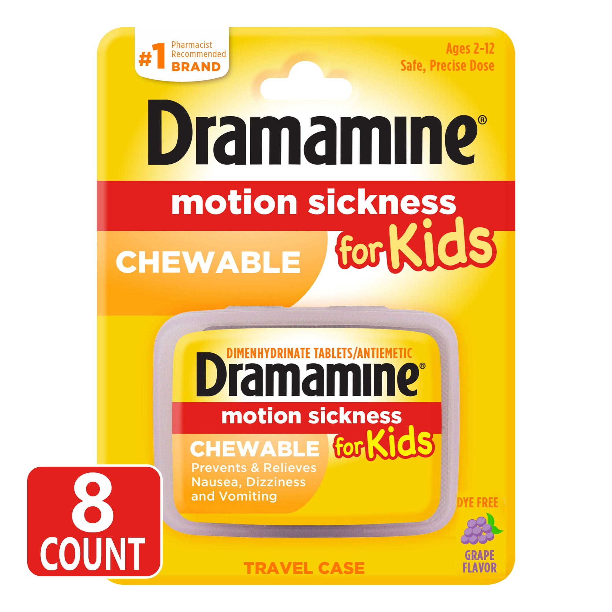 Dramamine Chewable Tablets for Kids, Grape Flavor, 8 CT (Pack - 5 ...