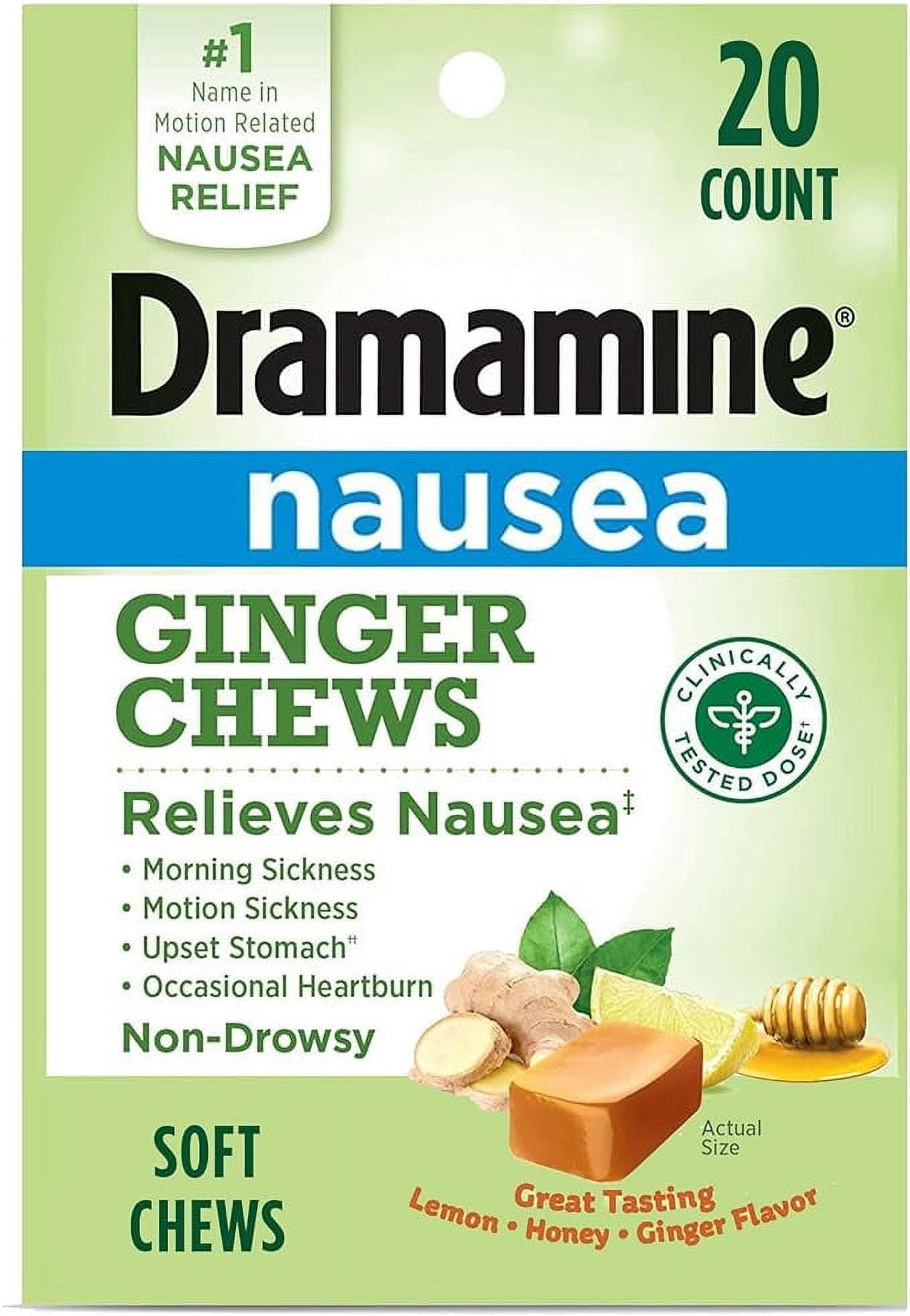 Dramamine Ginger Chews, Nausea Relief Soft Chews Lemon-Honey-Ginger, 20 ...