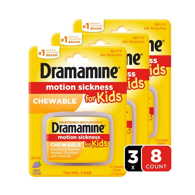 Dramamine Kids Chewable, Motion Sickness Relief, Grape, 8 Count, 3 Pack ...