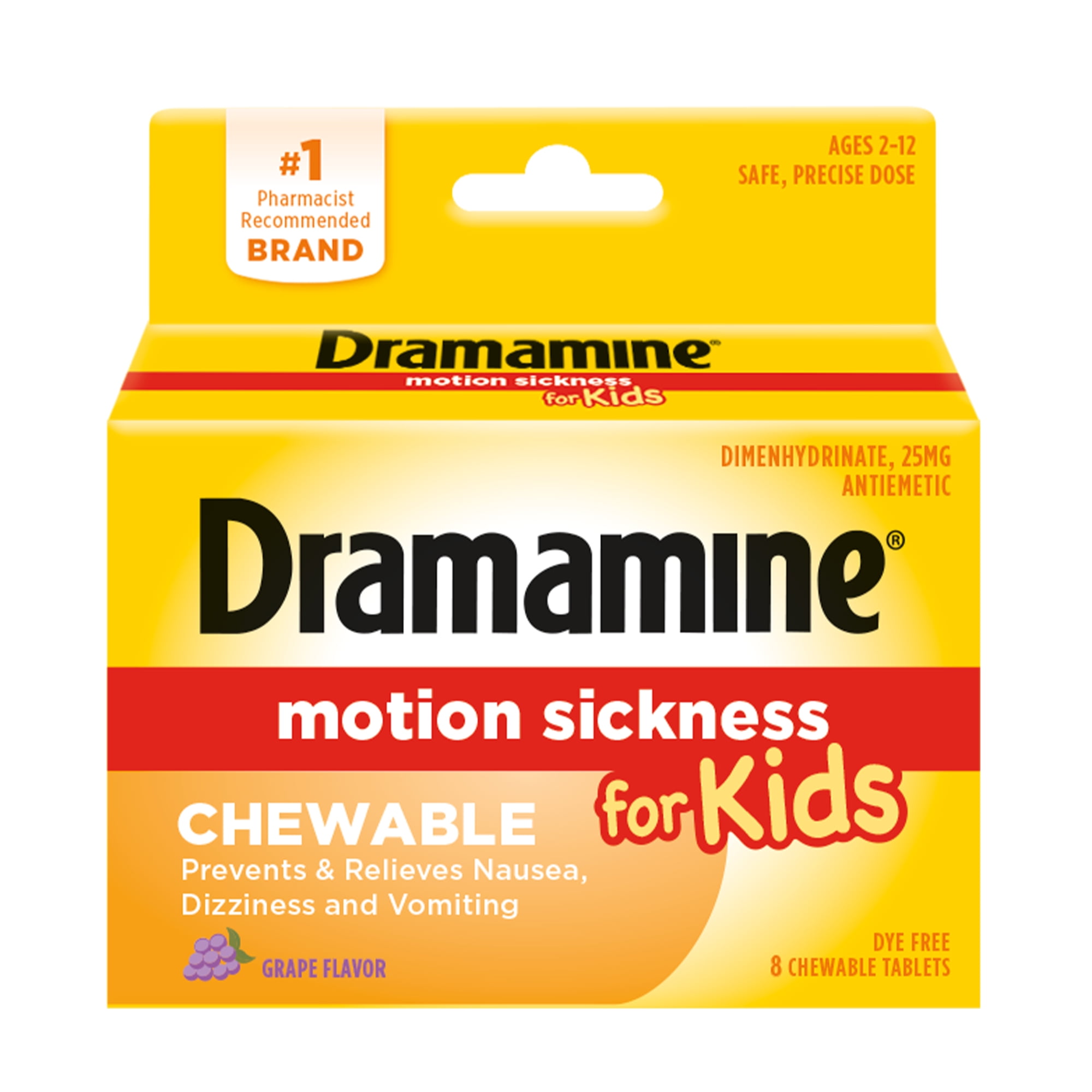 Dramamine Kids Chewable, Motion Sickness Relief, Grape Flavor, 8 Count ...