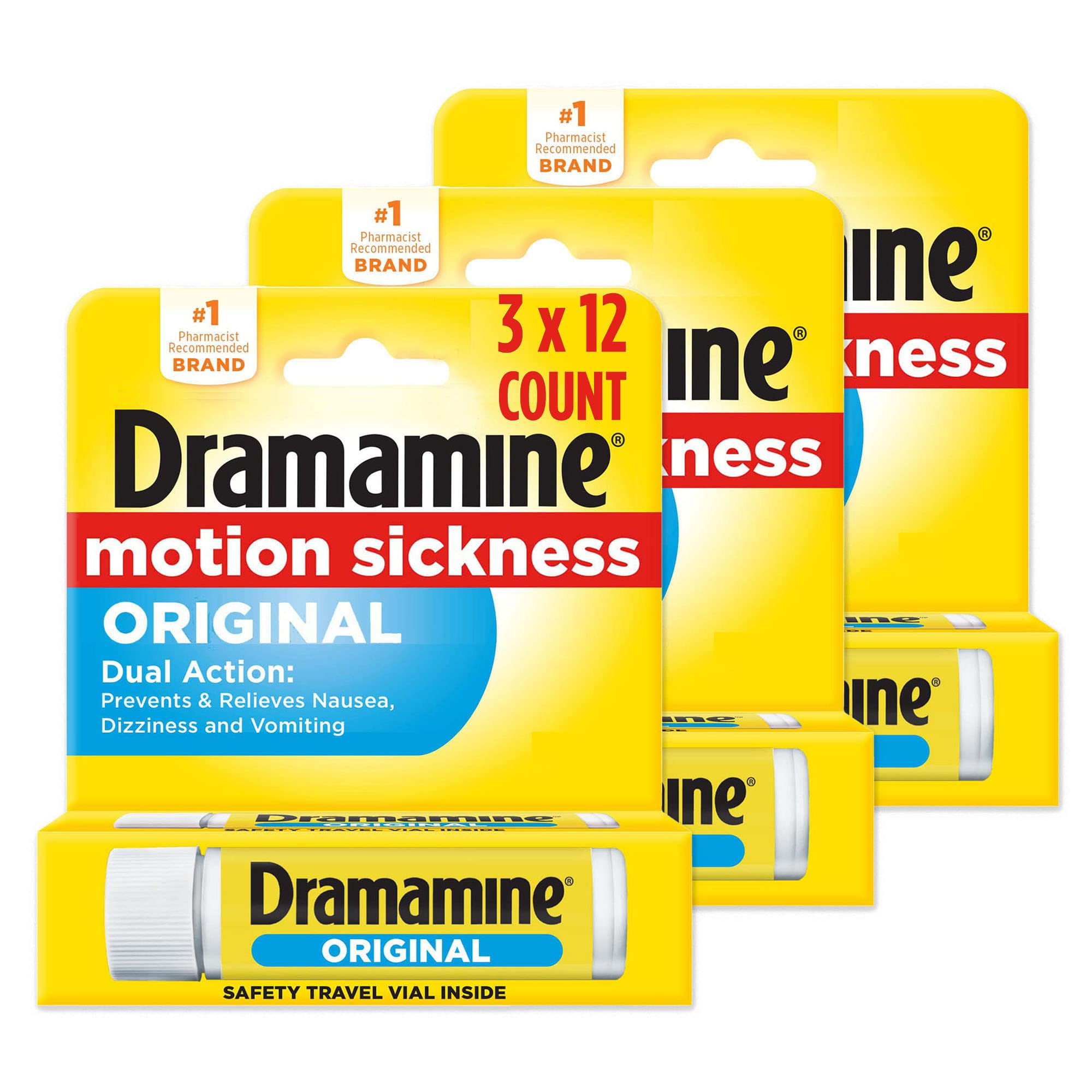 Dramamine Motion Sickness Original, Travel Vial, 12 Count, 3 Pack ...