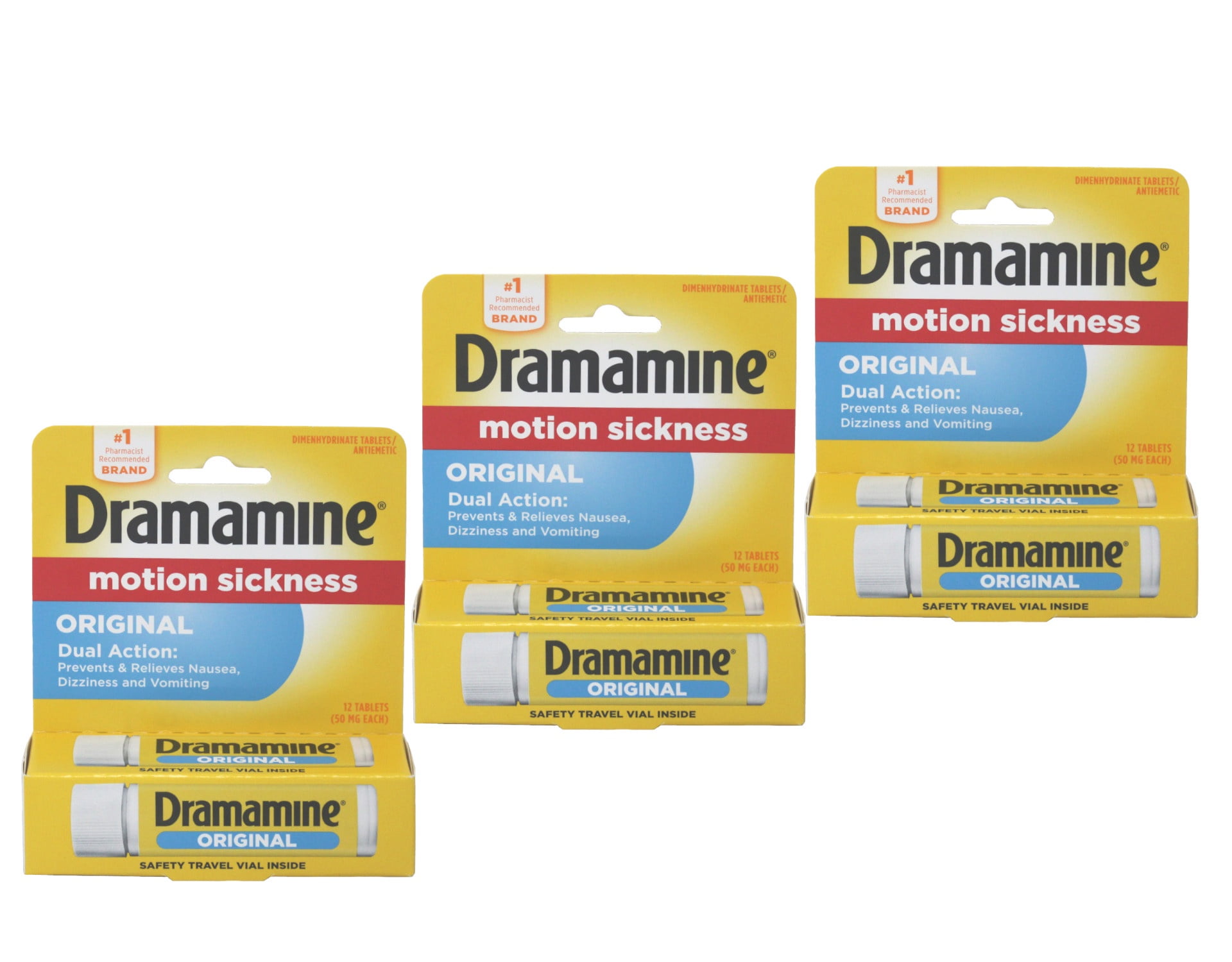 Dramamine Motion Sickness Original, Travel Vial, 12 Count, 3 Pack ...