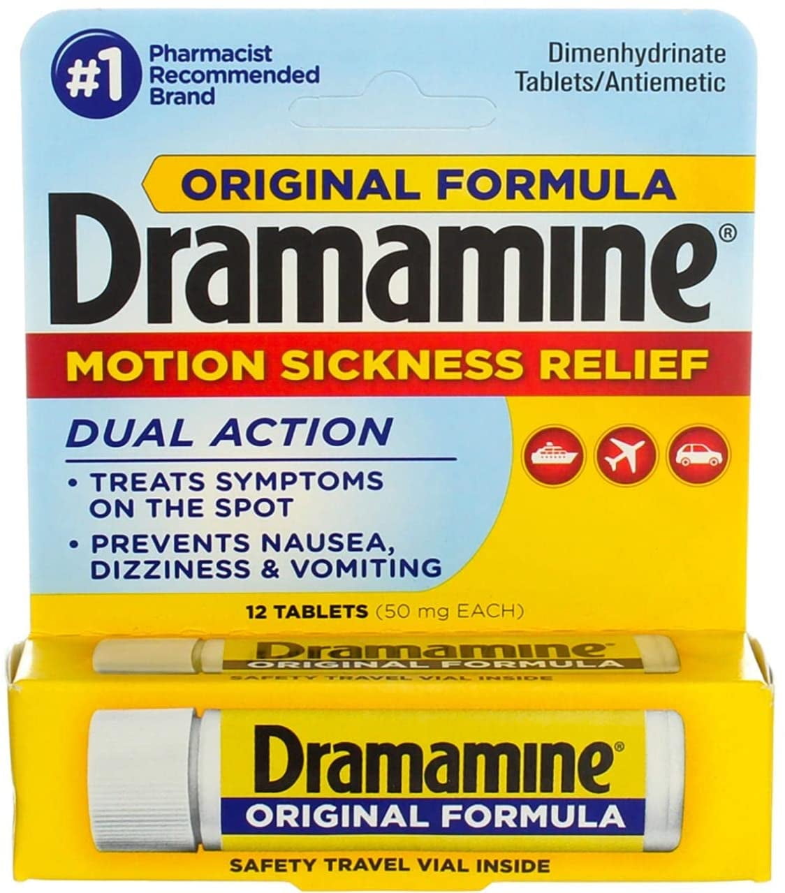 Dramamine Motion Sickness Relief, Original Formula, 50 mg Tablets, 12 ...