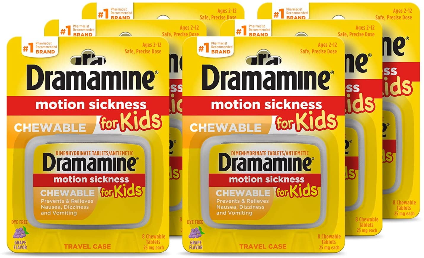 Dramamine Motion Sickness for Kids, Chewable Grape, Dye Free, 8 Count ...