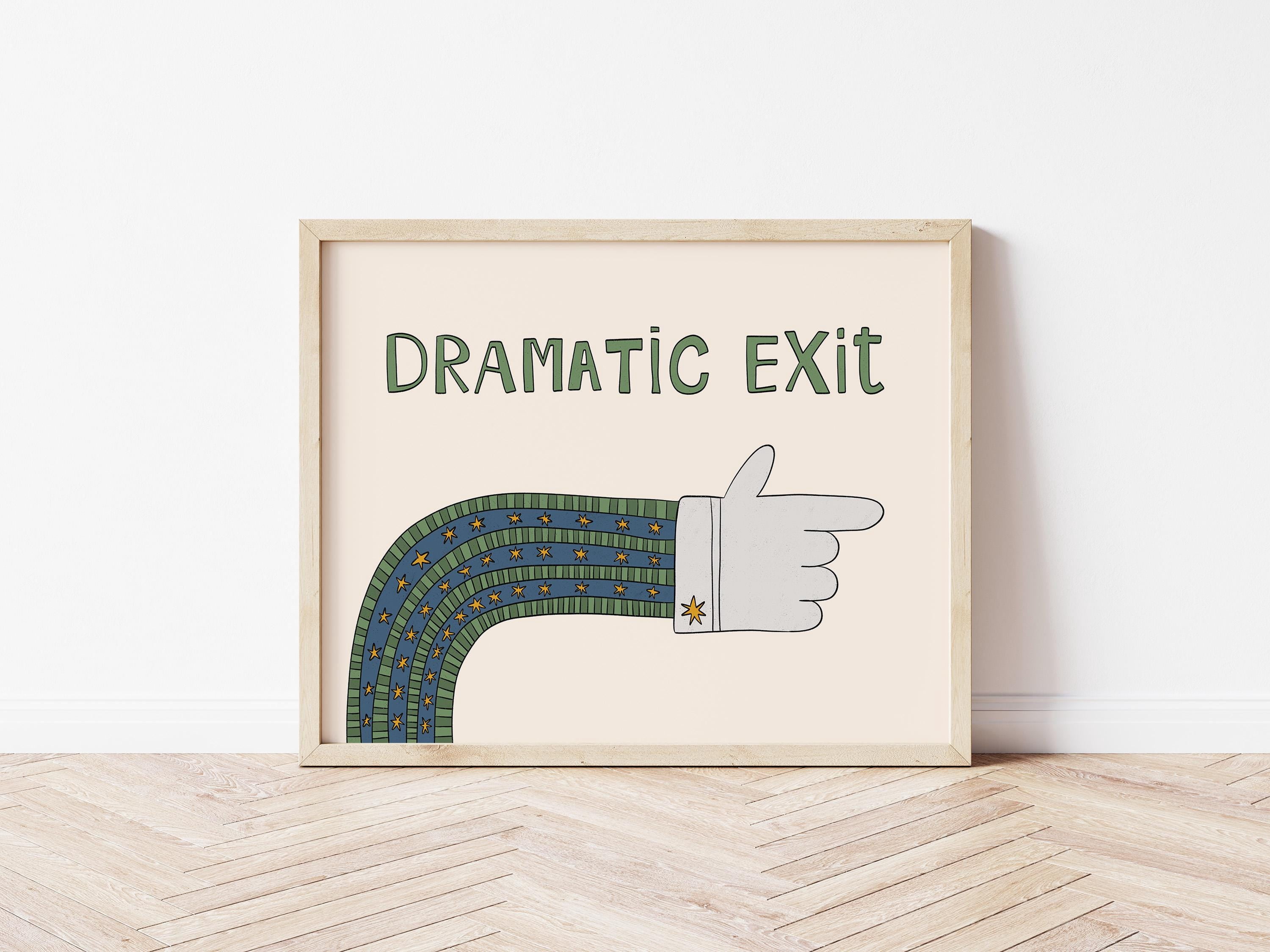Dramatic Exit Print, Quirky Retro Doodle Poster, Right-pointing Hand ...