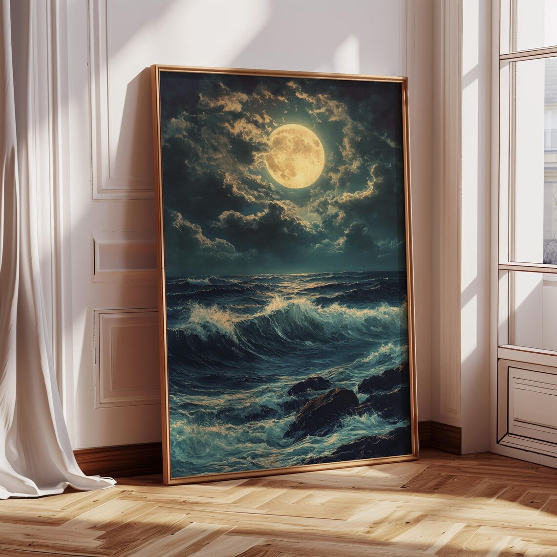 Dramatic Full Moon Over Ocean Waves – Moody Seascape Wall Art With ...