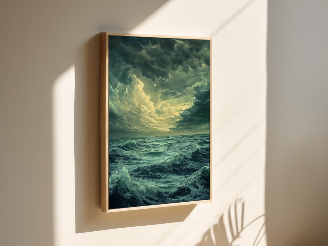 Dramatic Ocean Art - Moody Sky Over Turbulent Waves - Bold Coastal Wall ...