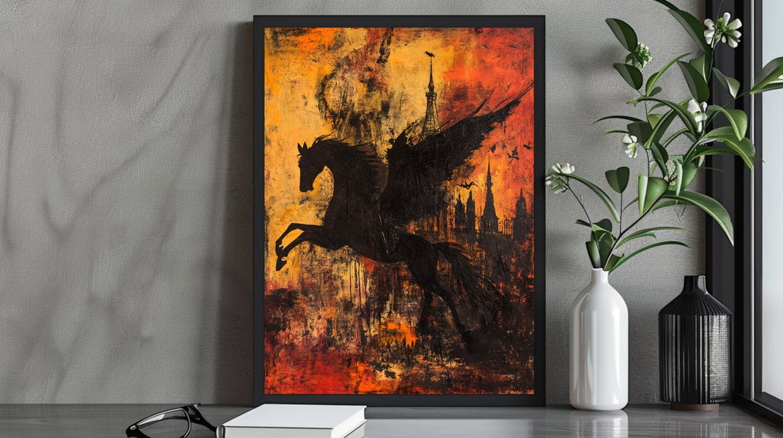 Dramatic Pegasus Silhouette, Fantasy Horse Art Print, Fiery Gothic Wall ...