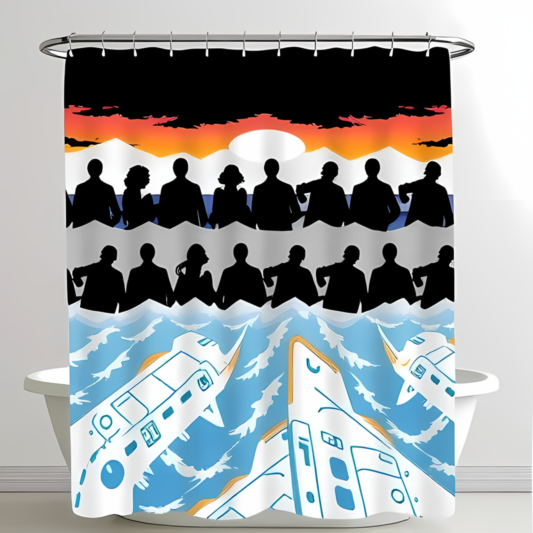 Dramatic Sunset & Turbulent Sea Shower Curtain - Two-Part Design with ...