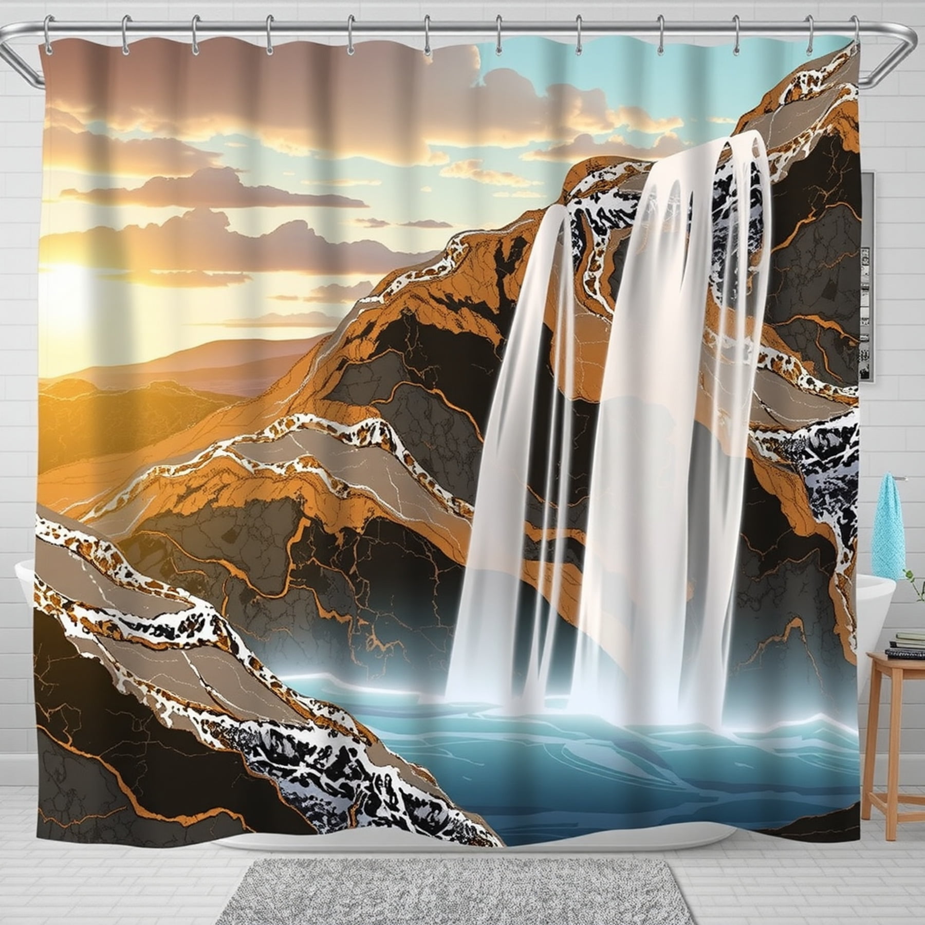 Dramatic Waterfall Shower Curtain - Vibrant Sunset Landscape Design ...