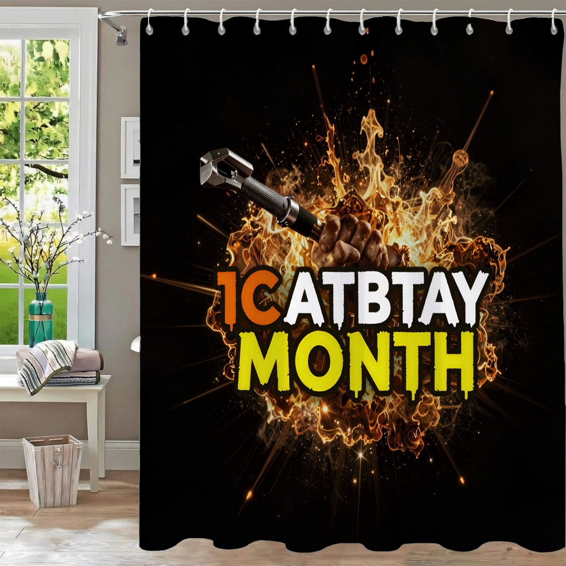 Dramatic Waterproof Fabric Shower Curtain - Fiery Flames & Wrench ...