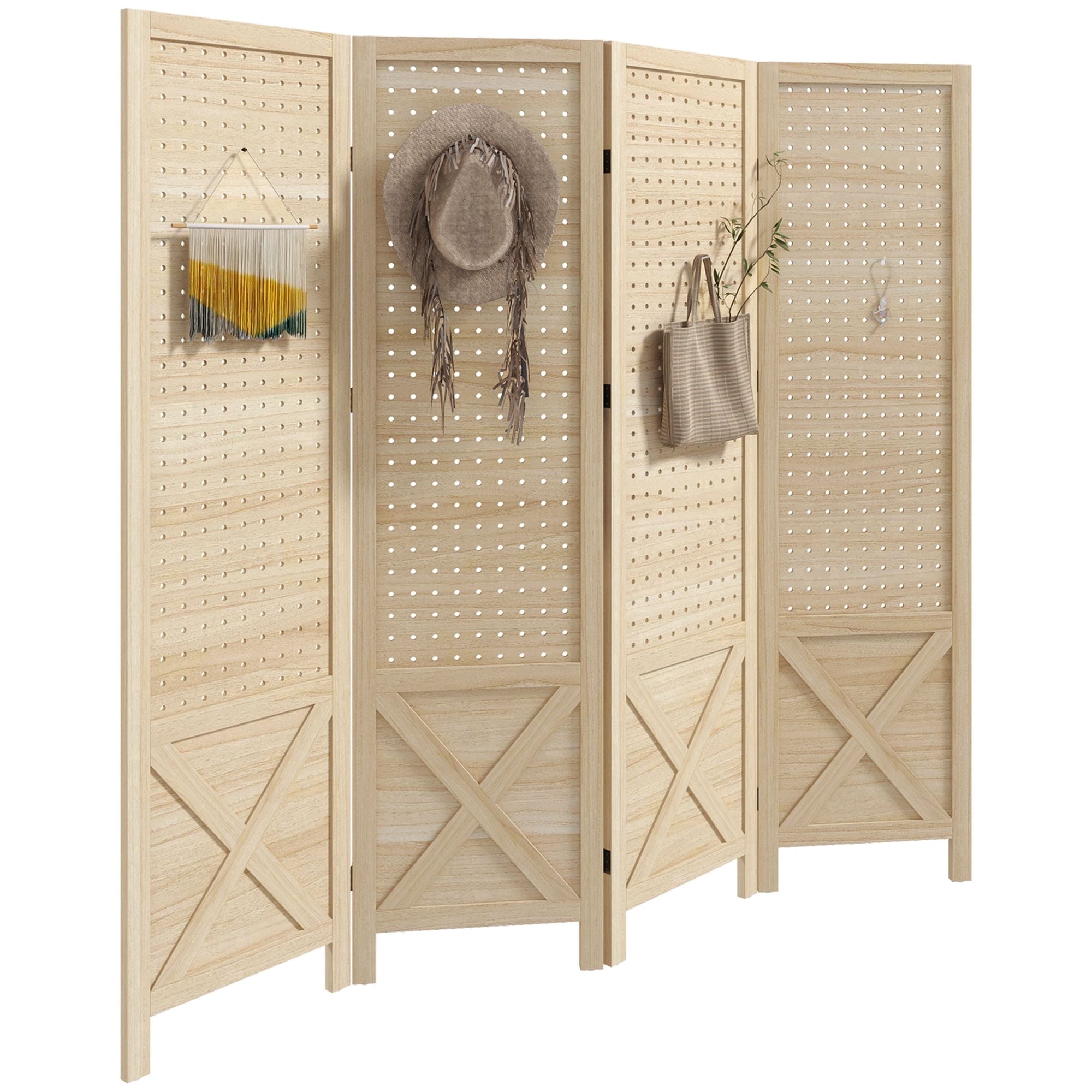 Dranite 4-Panel Folding Wooden Room Divider, 4.7 ft Tall Pegboard ...