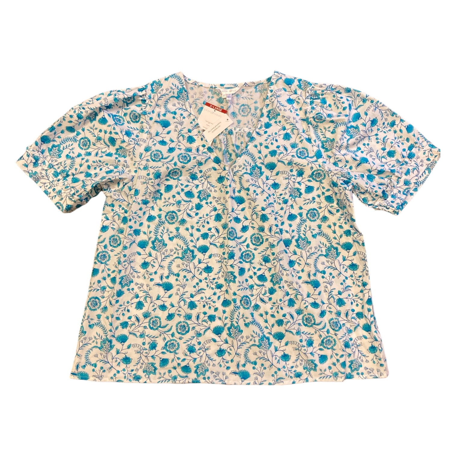 Draper James Women's Short Puff Sleeve Heidi V Neck Top (Blue Paisley ...