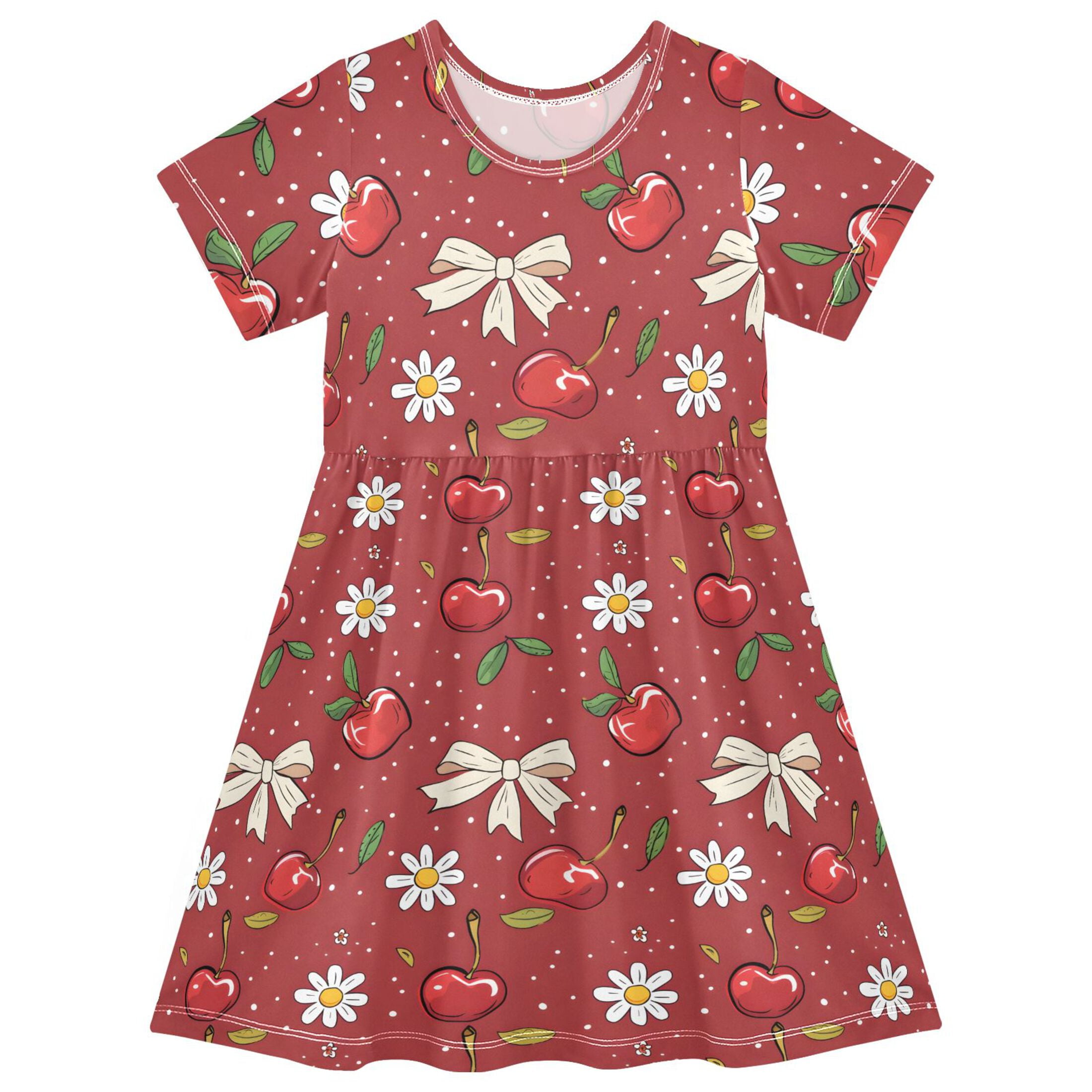 Draw Red Cherry Bow with Daisy Flower Short Sleeve Dress A-Line Cute ...