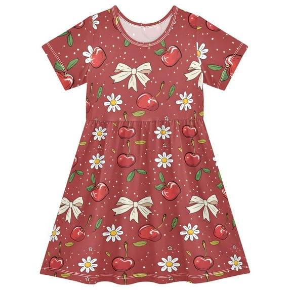 Draw Red Cherry Bow with Daisy Flower Short Sleeve Dress A-Line Cute ...