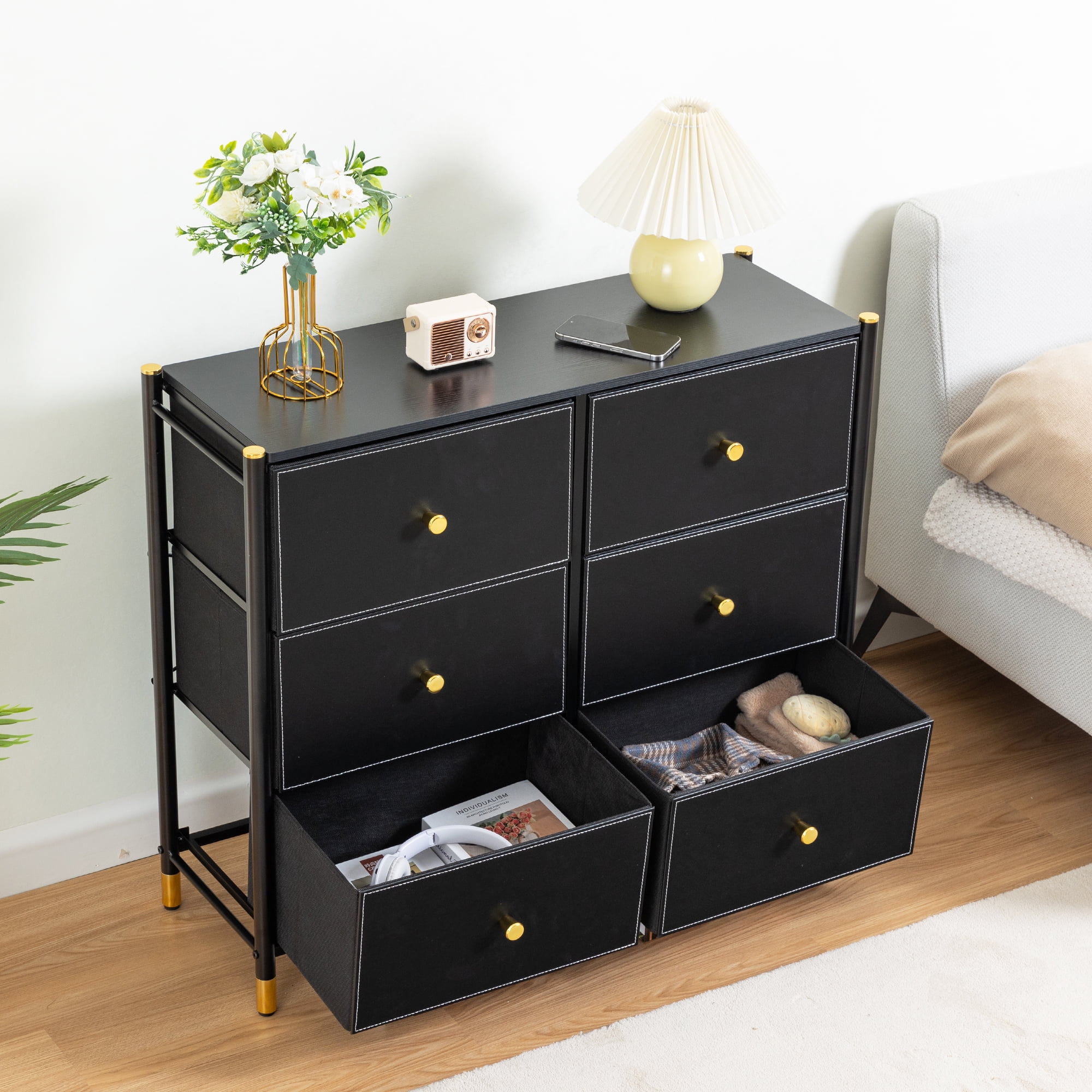 Drawer Dresser with 6 PU Leather Deep Drawers, Drawer Double Dresser ...
