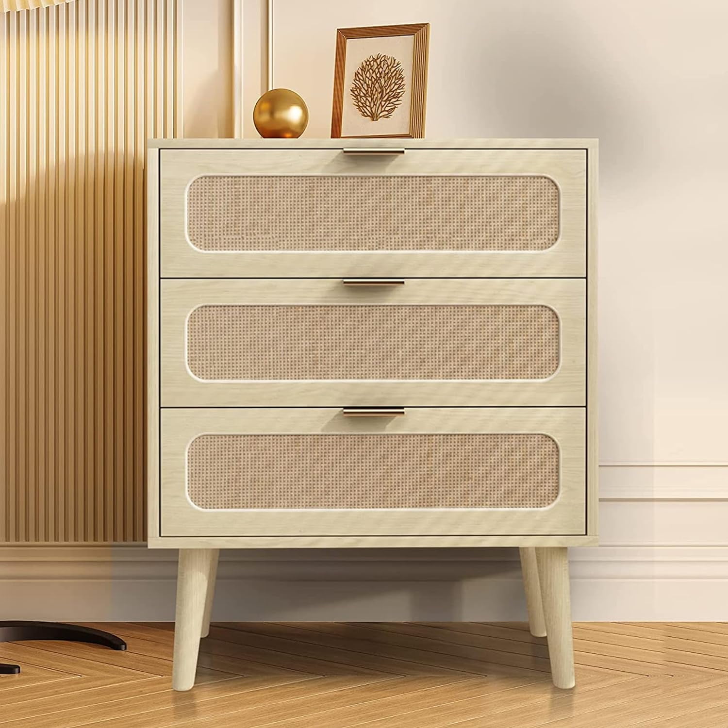 Drawer Dresser, Rattan Chest of Drawers with 3 Drawers Dresser, Accent ...