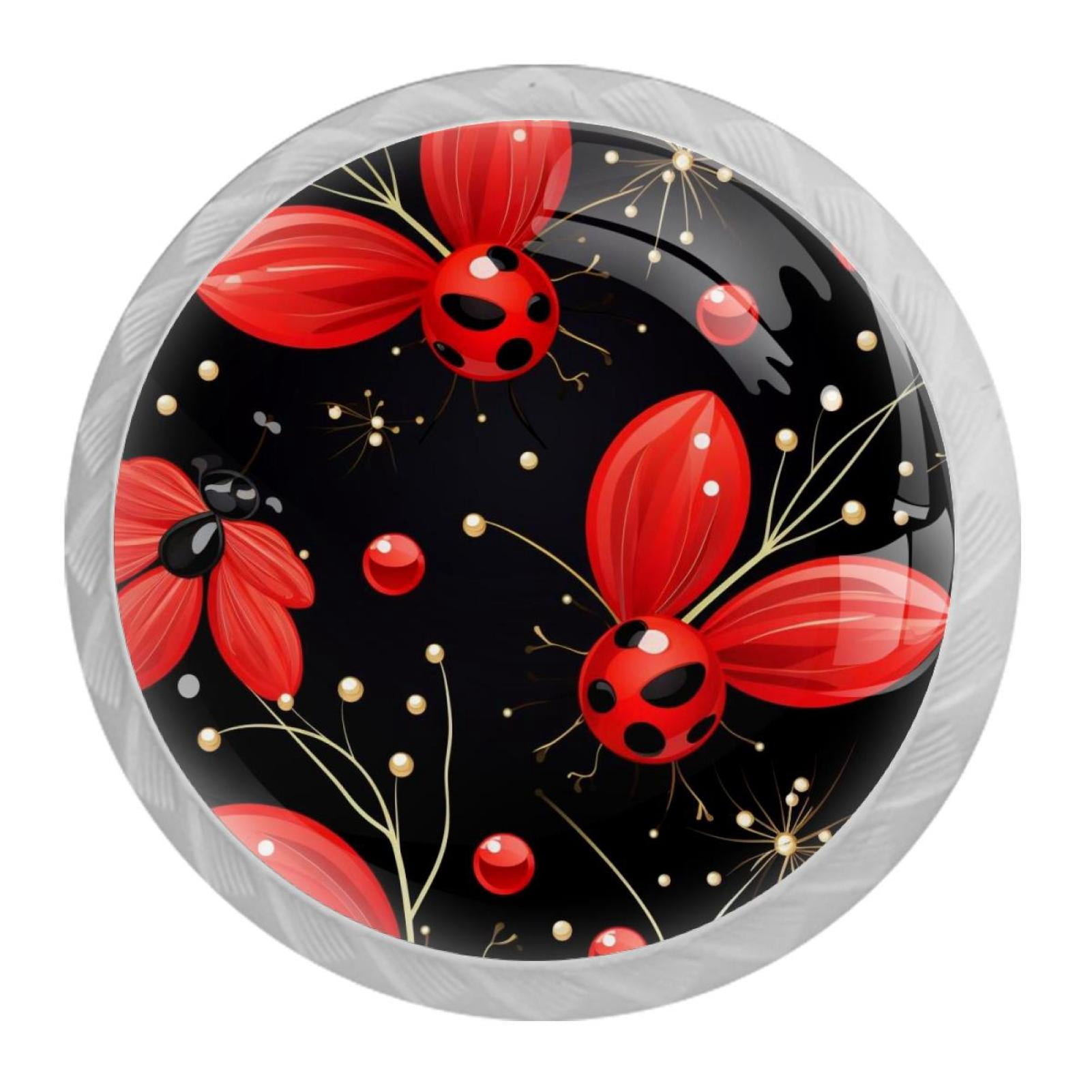 Drawer Knobs Decorative Kitchen Knob Set of 4, Red Ladybug Flowers ...