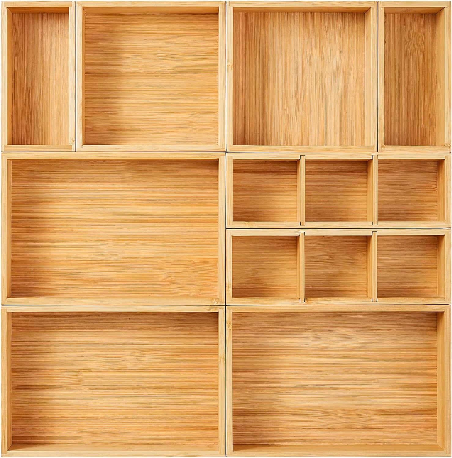Drawer Organizer, Set of 9 Bamboo Wood Kitchen Makeup Desk Junk Tea ...