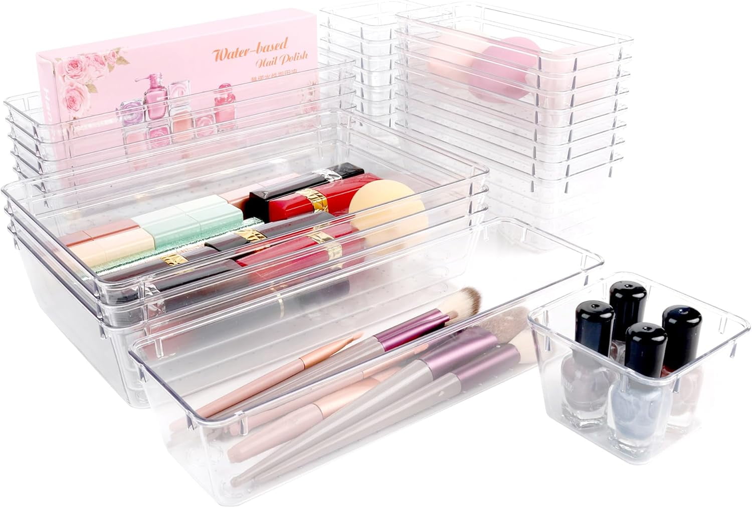 Drawer Organizer with Non-Slip Pads Set of 15,Clear Plastic Vanity ...