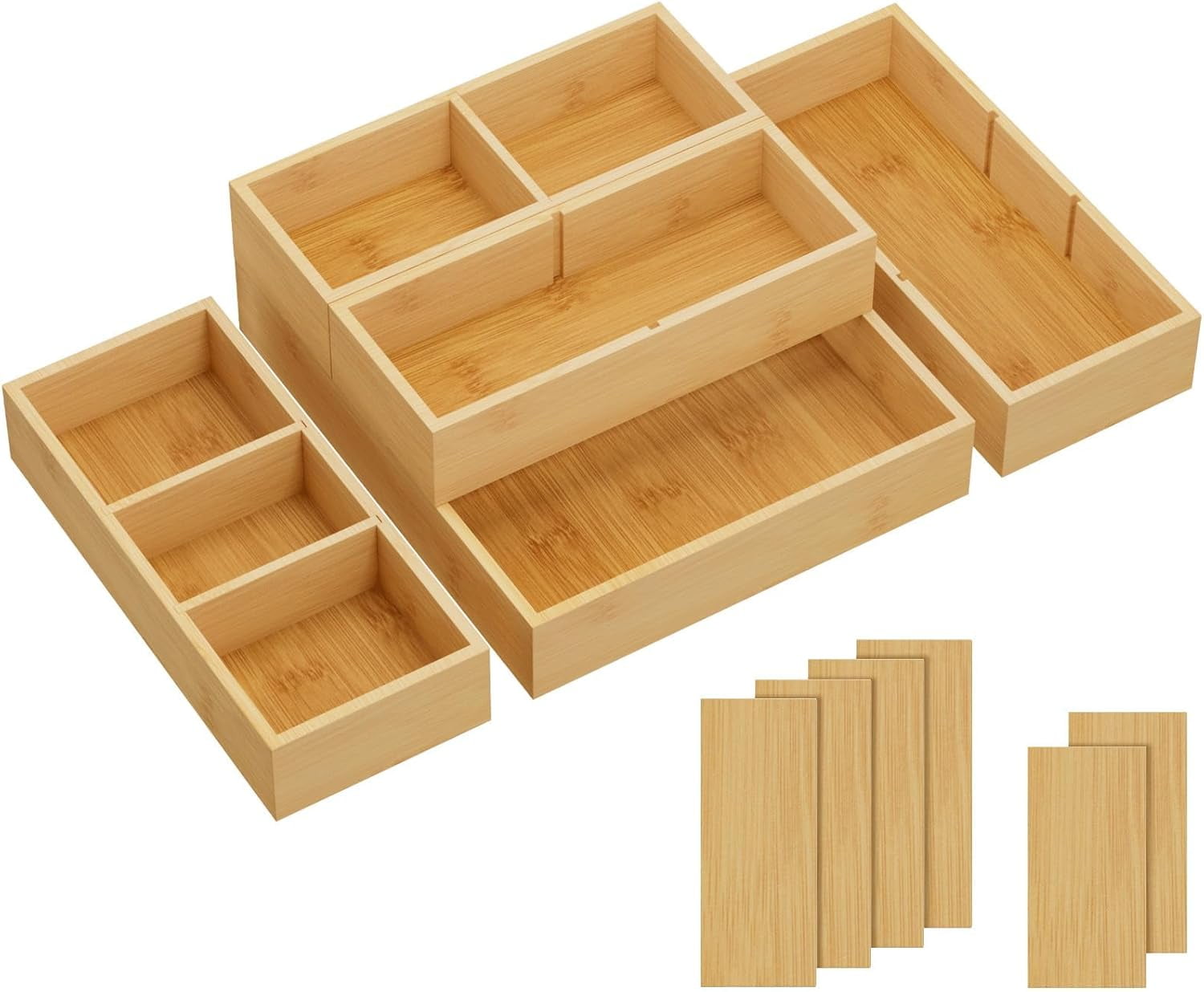 Drawer Organizers 15 Pack(33 Grid) with 18 Inserts, Adjustable Bamboo ...