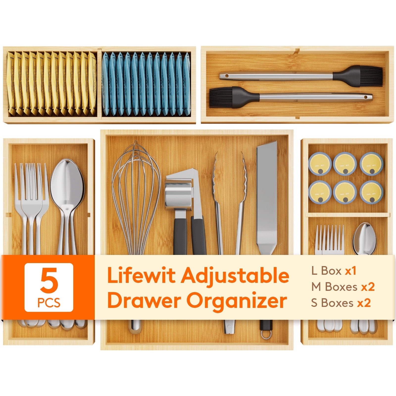 Lifewit Drawer Organizer Set 5 Pack (11 Grid), Adjustable Bamboo Wooden ...