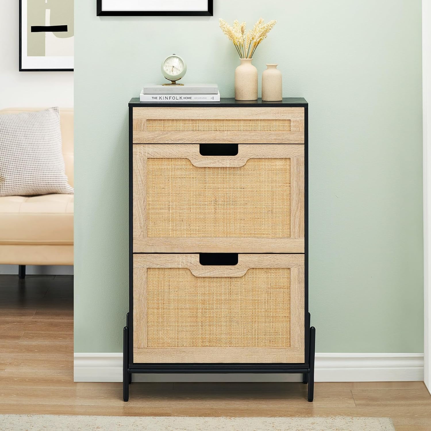 Drawer Shoe Cabinet Organizer Freestanding, Natural Rattan 2 Flip Door ...