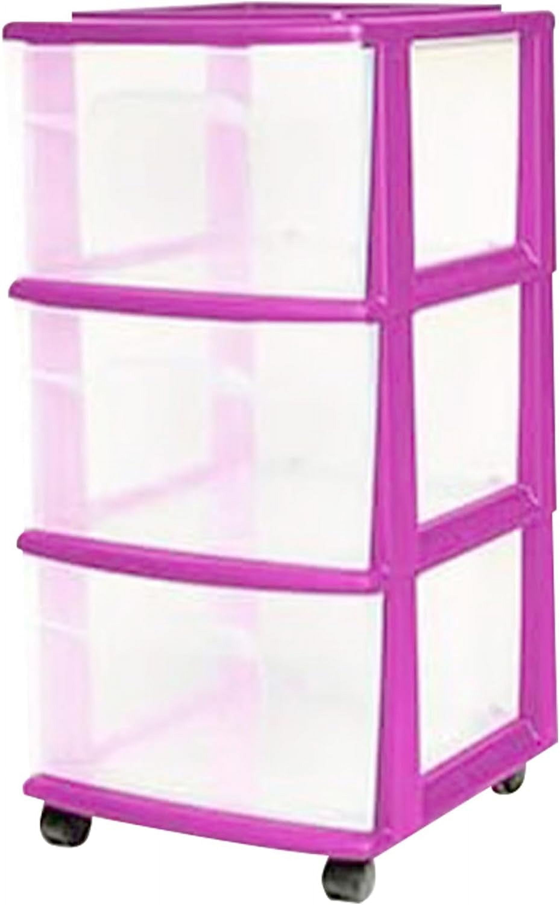 Drawer Tower, 3-Tier Clear Plastic Storage Organizer Cart, Purple Frame ...