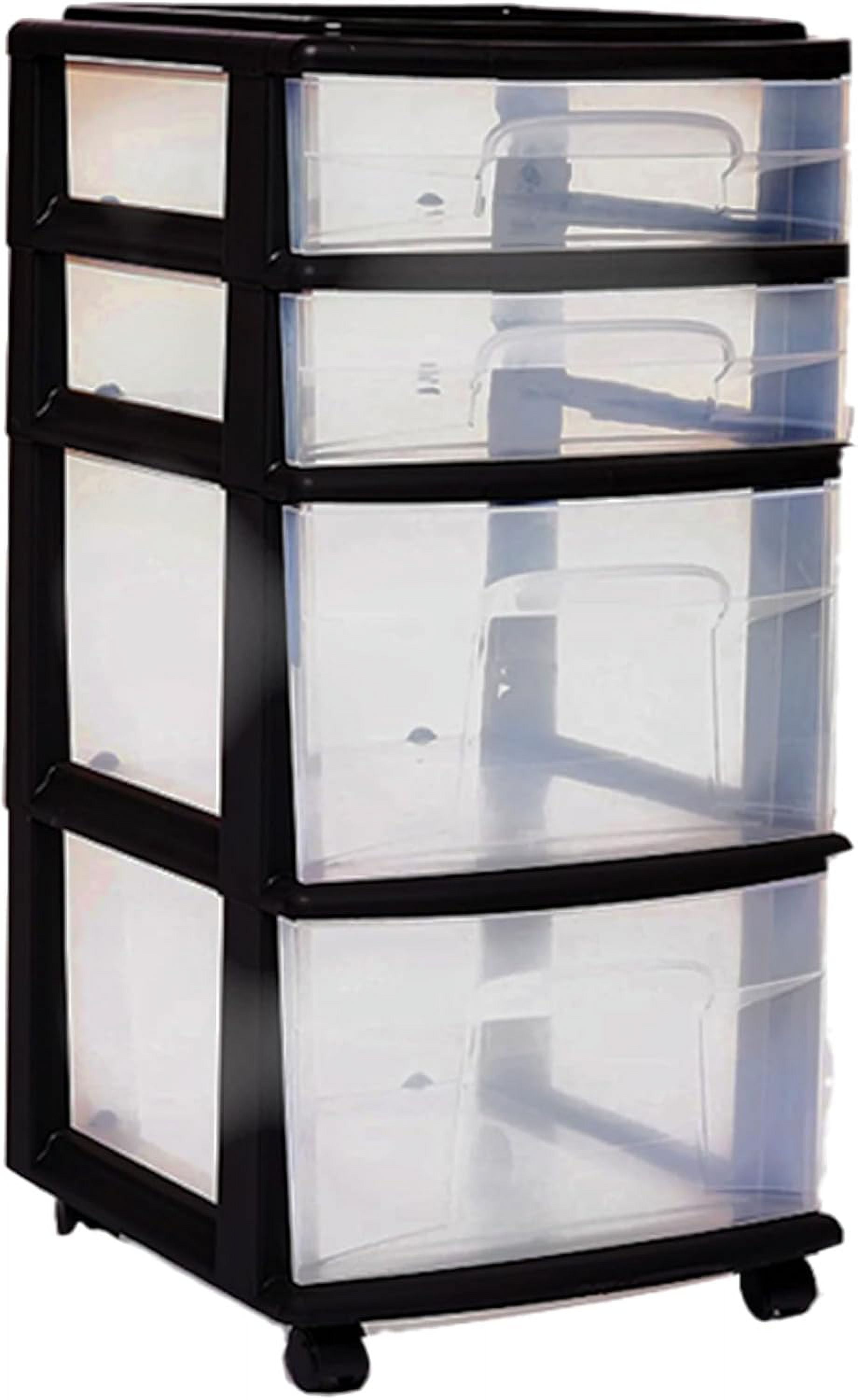 Drawer Tower, 4-Tier Clear Plastic Storage Organizer Cart, Black Frame ...