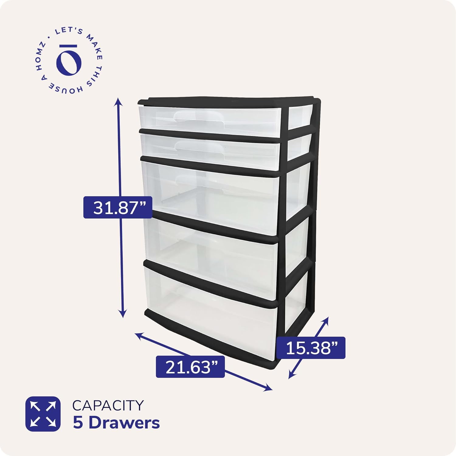 Drawer Tower, 5-Tier Extra-Wide Clear Plastic Storage Organizer Cart ...