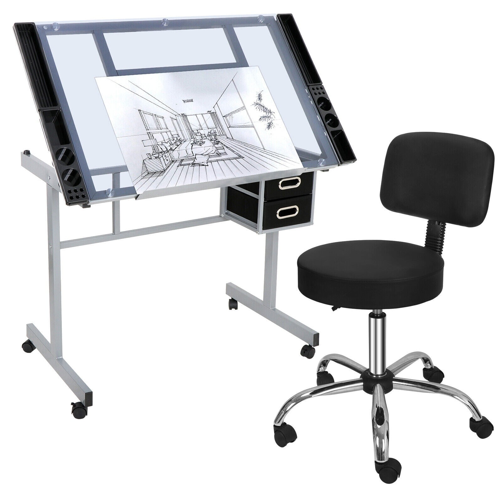 Drawing Desk Drafting Table Glass Top + Adjustable Hydraulic Salon ...