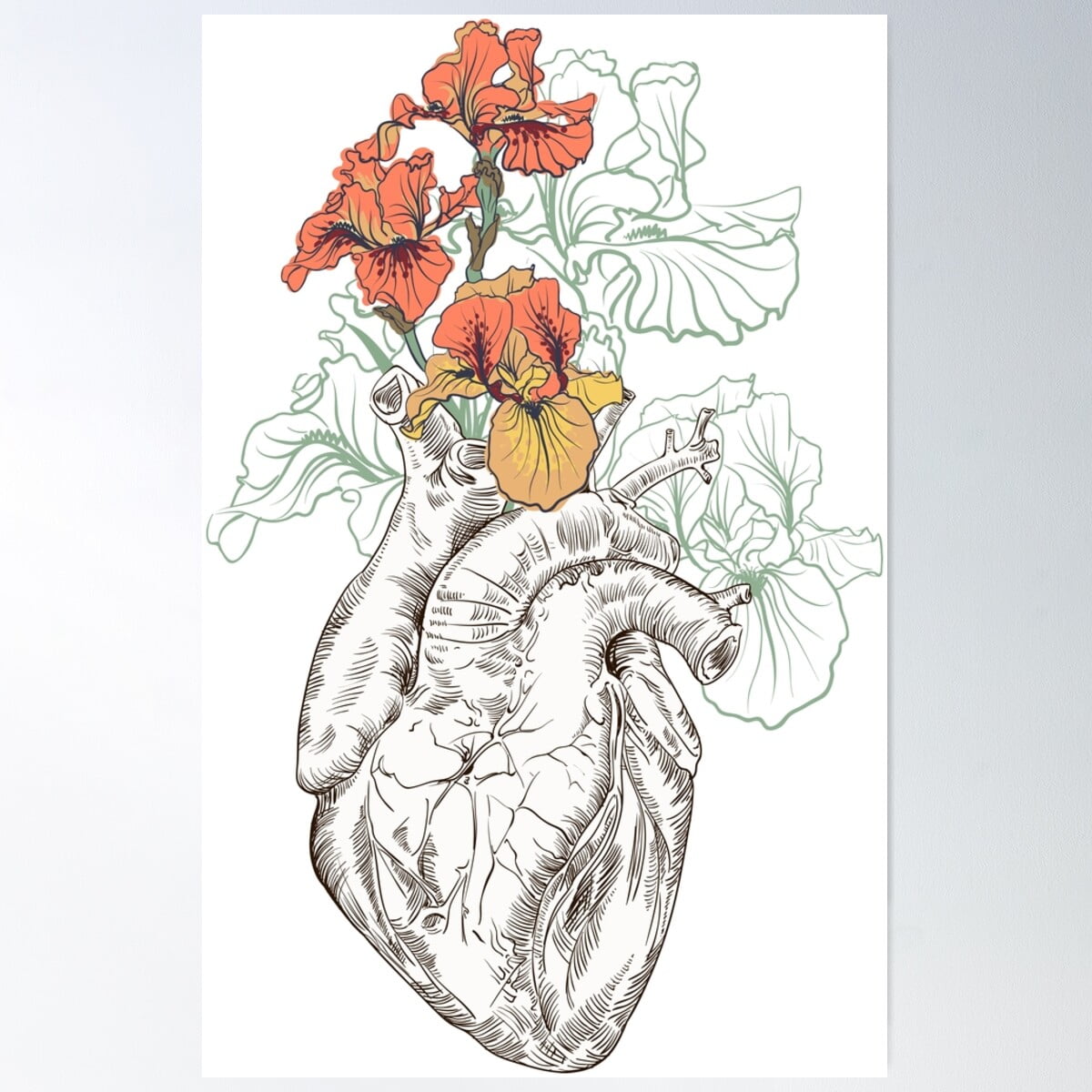 Drawing Human Heart With Flowers Poster Wall Art, Modern Wall Decor For ...