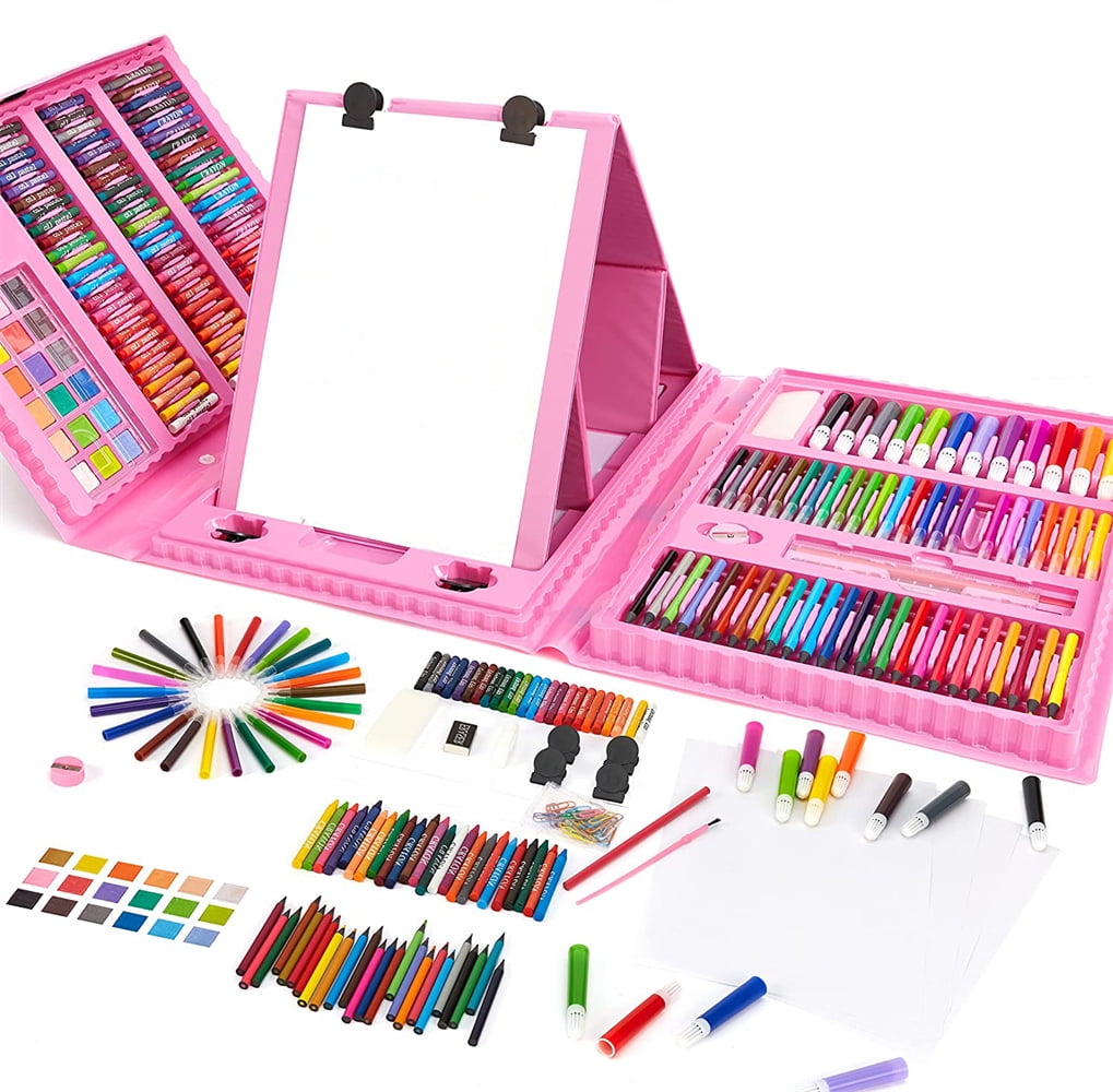 208Pcs Kids Art Set with Trifold Easel, Pastels, Crayons, Pencils, Pink ...