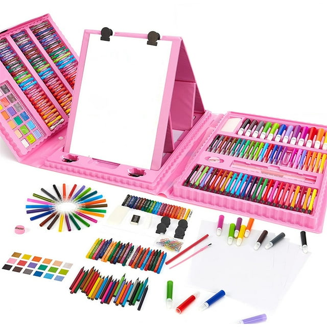 208Pcs Kids Art Set with Trifold Easel, Pastels, Crayons, Pencils, Pink ...