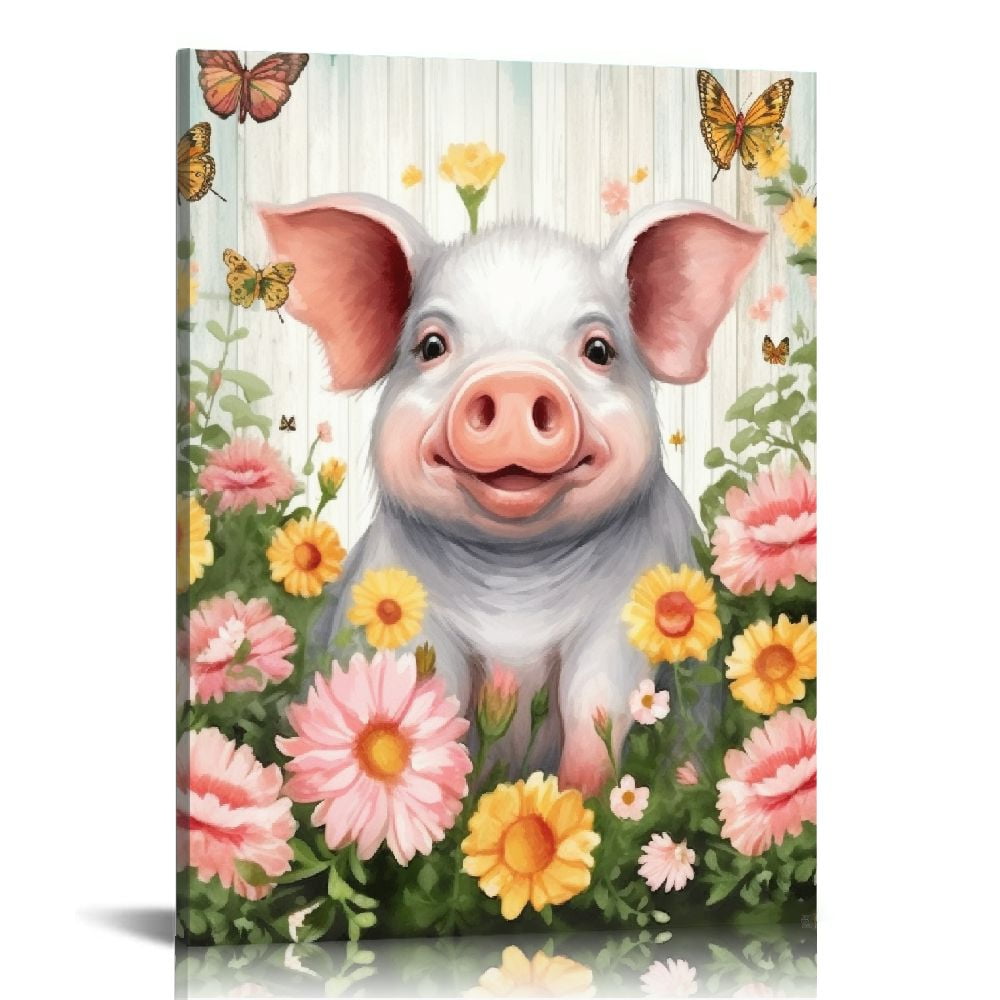 Drawpro Pig Daisy Wall Art, Cute Animal Pig and Daisy with Butterfly on ...