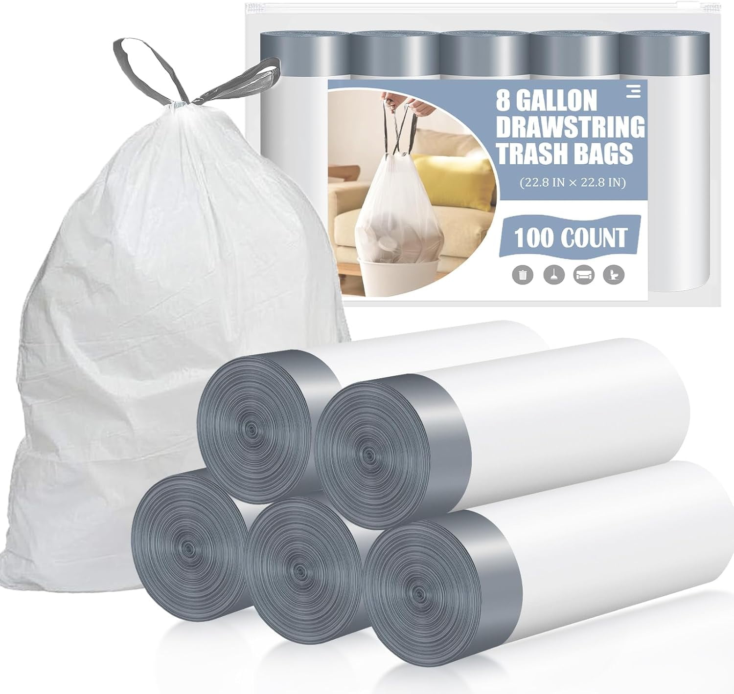 Drawstring 8 Gallon Trash Bags - 100 Count Pre-separated Medium Trash ...
