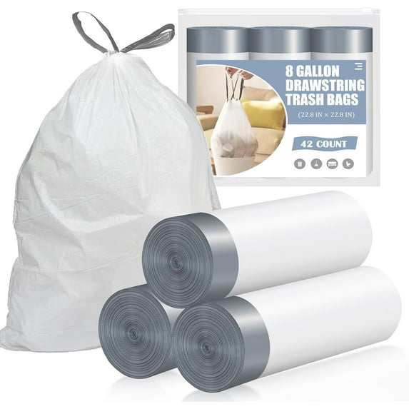 Drawstring 8 Gallon Trash Bags - 42 Count Pre-separated Medium Trash ...